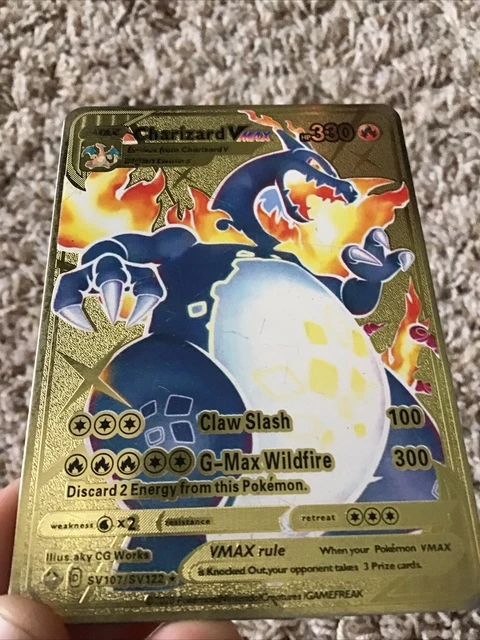RARE! BLUE CHARIZARD VMAX Gigantamax Gold Metal Pokemon Card SV107 ...