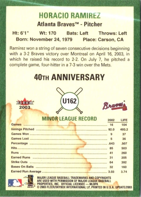 CARTE DE BASEBALL 2003 Fleer Tradition Update Horacio Ramirez #U162 ...
