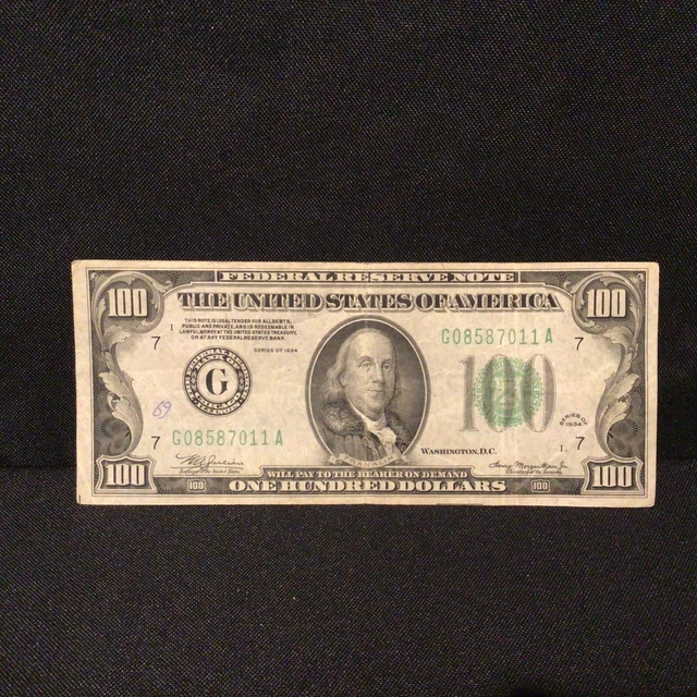 RARE OLD 1934 A Chicago $100 Dollar Bill Note Low Serial No. G 08587011 ...