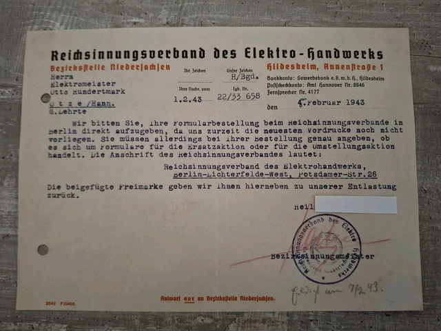 SCHREIBEN 1943 REICHSINNUNGSVERBAND des Elektrohandqwerks Sammler ...