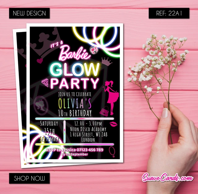 BARBIE NEON GLOW Birthday Party Invitations Personalised Invites for ...