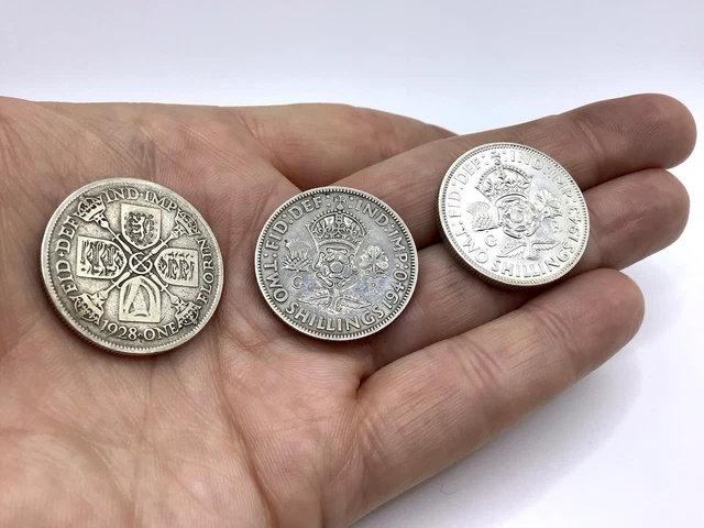 3 BRITISH ONE FLORIN/TWO SHILLINGS 50% SILVER COINS 1928,1940,1943 *34g ...