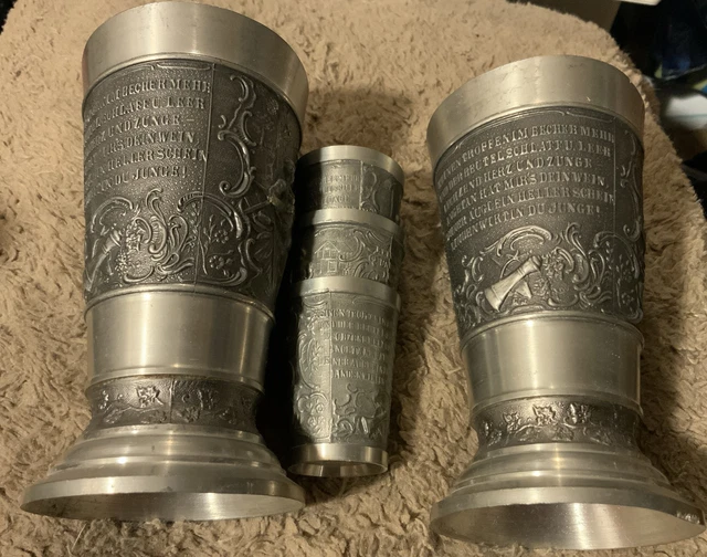GERMAN GUETEZEICHEN ZINNGERAT Ral Pewter Embossed 3 Wine Beaker & 3 ...