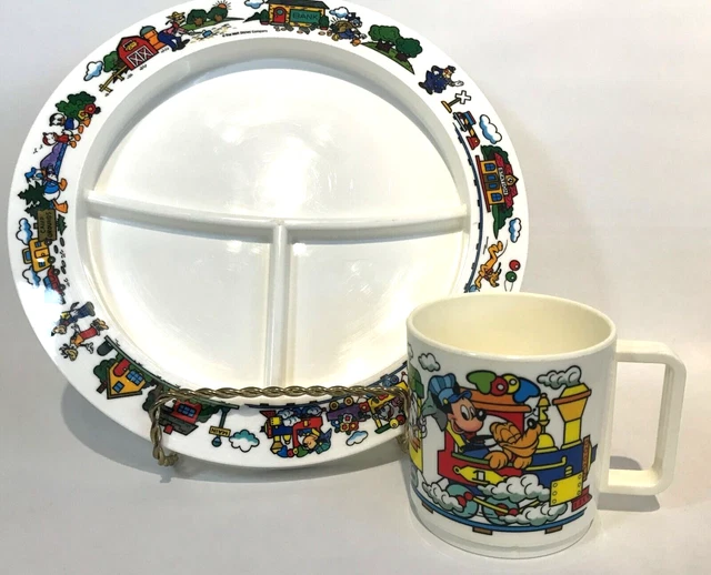 VINTAGE DISNEY/MICKEY MOUSE Child's Melamine Divided Plate and Cup Dish ...