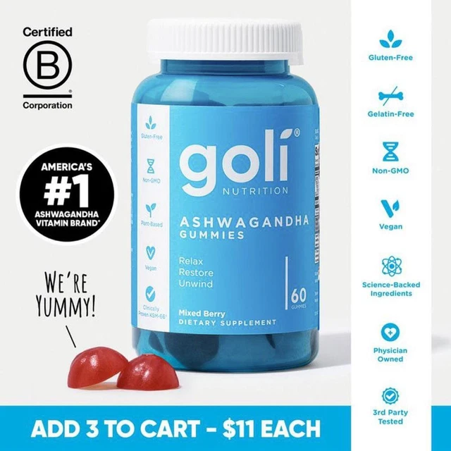 GOLI NUTRITION ASHWAGANDHA Gummies Mixed Berry 60 Count for Natural ...