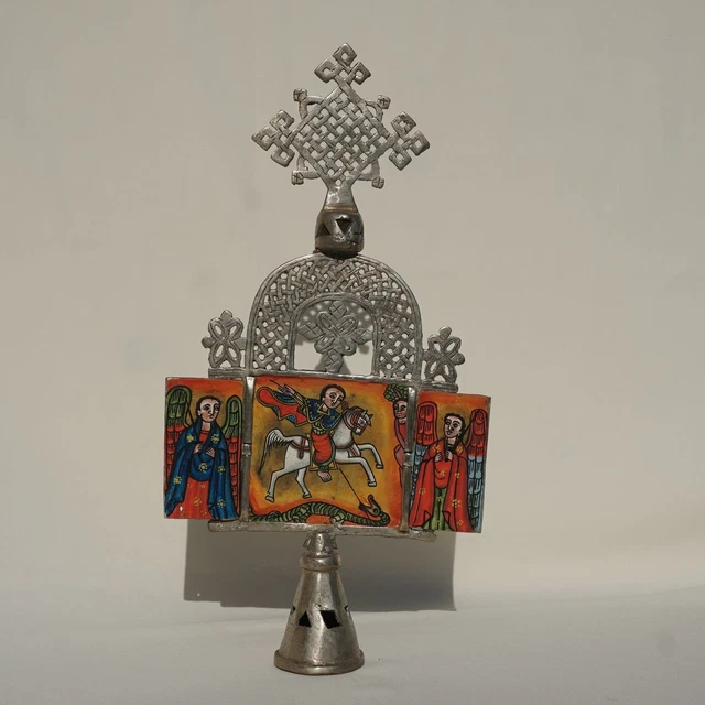 ETHIOPIAN COPTIC METAL Icon Altar Orthodox Triptych Christian Religious ...