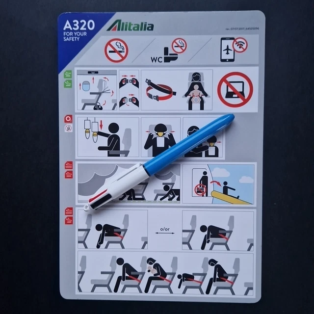 ALITALIA 3D LOGO airline safety card Airbus A320 date 07/2017 italian ...