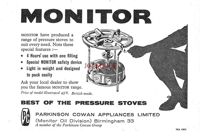 MONITOR CAMPING PRESSURE Stove ADVERT Small Vintage 1950s Print Ad 162/ ...
