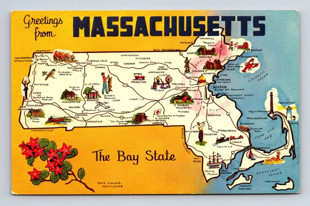 PICTORIAL TOURIST MAP from the Bay State of Massachusetts MA Postcard £ ...