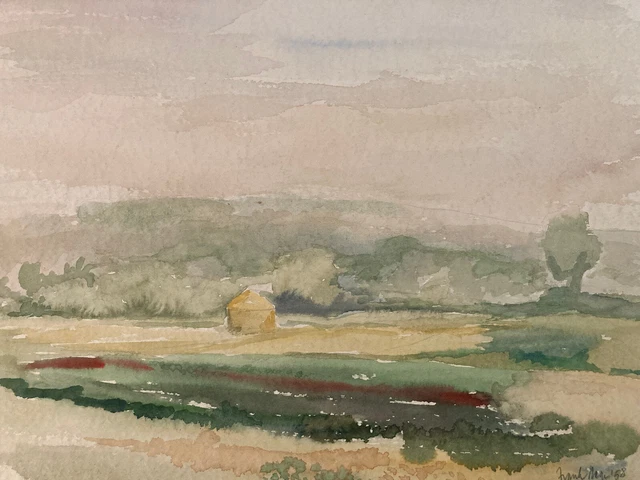 TRÈS BELLE PEINTURE Aquarelle Sur Papier 1958 Meule De Foin Paysage Arbre Art EUR 115,00 ...