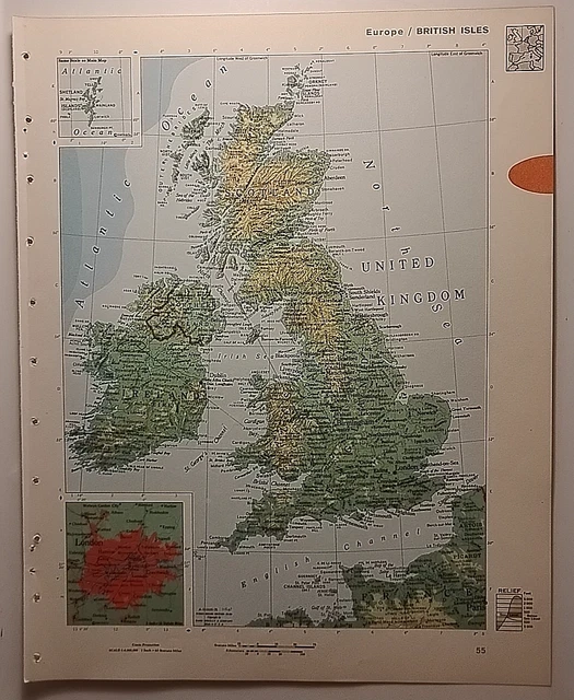 VINTAGE BRITISH ISLES Atlas Map from a 1967 Mid-Century Modern World ...