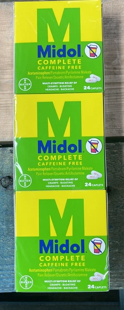 3-MIDOL COMPLETE CAFFEINE Free Menstrual Pain Relief Caplets, 24 ct Exp ...