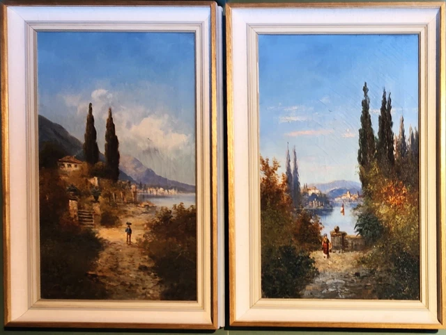 PAIR ANTIQUE OIL Paintings Lake Lucerne Switzerland Como Italy Signed H ...
