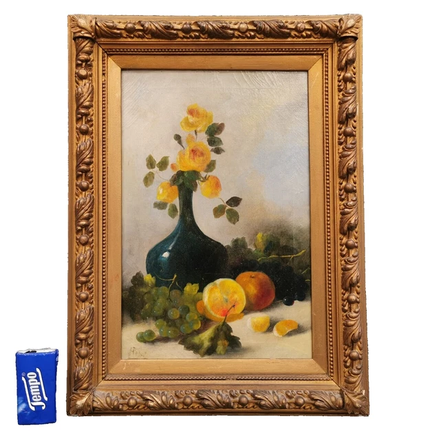 ÖLGEMÄLDE 19. JH. Blumen Stillleben mit Obst Unbekannter Maler signiert 46x30cm EUR 275,00 ...