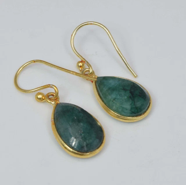 925 Solid Sterling Silver 24ct Gold Overlay Simulated Emerald Hook