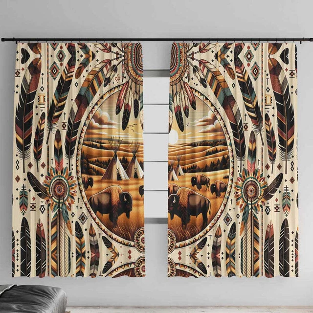 NATIVE AMERICAN LIFE Window Curtain Teepee Village With Buffalo Bison ...