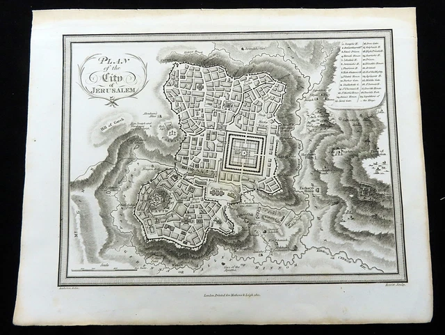 ANTIQUE MAP OF Jerusalem Israel The Old City of David Temple Mount ...