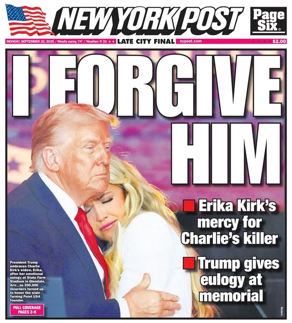 CHARLIE KIRK ERIKA Trump I Forgive Him Memorial NY Post Newspaper ...