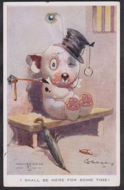 VINTAGE BONZO POSTCARD Artist G.e.studdy 'I Shall Be Here For Some Time ...