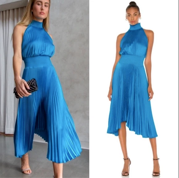 A.L.C. RENZO II Satin Pleated Halter Midi Dress RARE Cerulean Blue Size ...