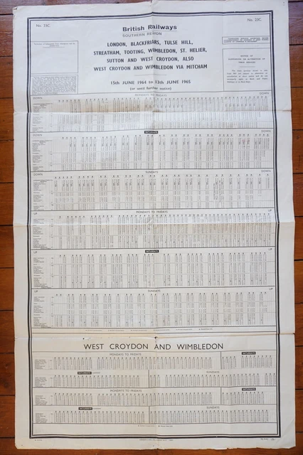 1964 SOUTHERN REGION Original Railway Timetable Poster Wimbeldon ...