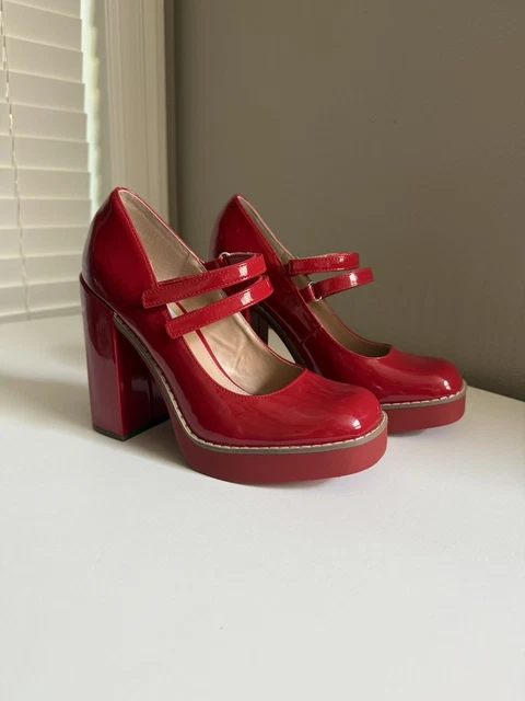 STEVE MADDEN PATENT Red Mary Jane Chunky Heels £84.16 - PicClick UK