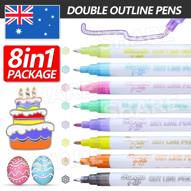 8 COLORS CARD Writing Drawing Double Line Outline Pen Highlighter ...