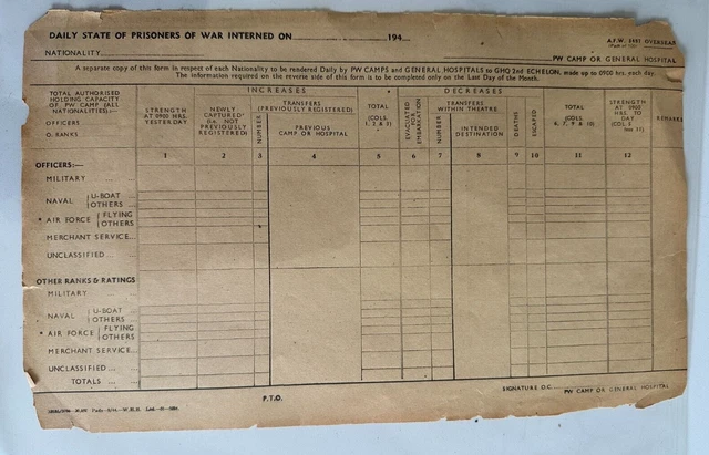 WW2 BRITISH ARMY German Pow Daily Log Sheet Unused Original EUR 42,52 ...