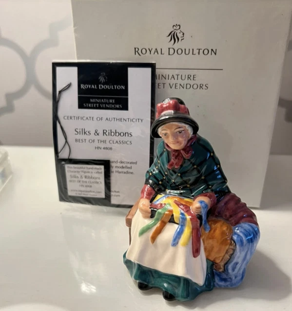 ROYAL DOULTON MINIATURE Street Vendors Silks & Ribbons Figurine Box ...