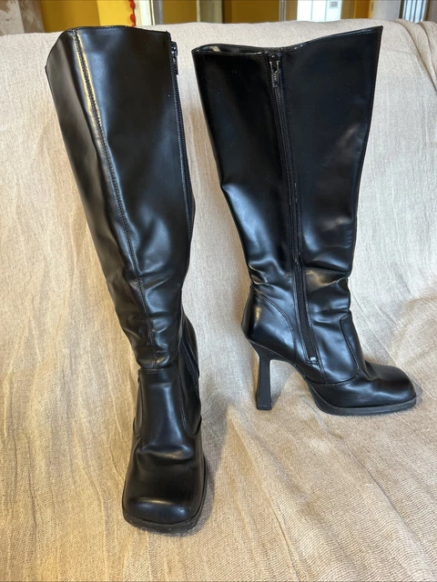 BLACK KNEE HIGH Zip Up Square Toe High Heeled Boots Size 5 £9.17 ...
