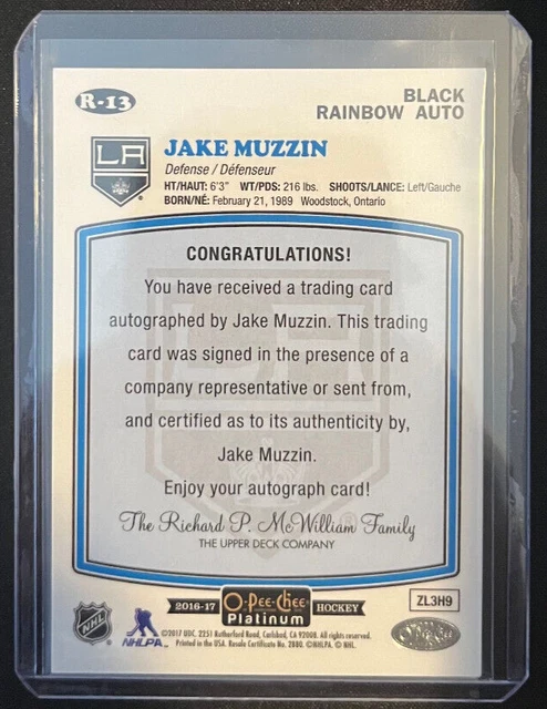 2016-17 O-PEE-CHEE PLATINUM Jake Muzzin Black Rainbow Auto #R-13 $8.95 ...