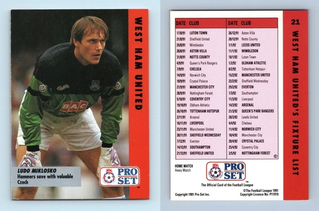 LUDO MIKLOSKO WEST Ham Utd #21 Pro-Set 1991-2 Fixtures List Football ...