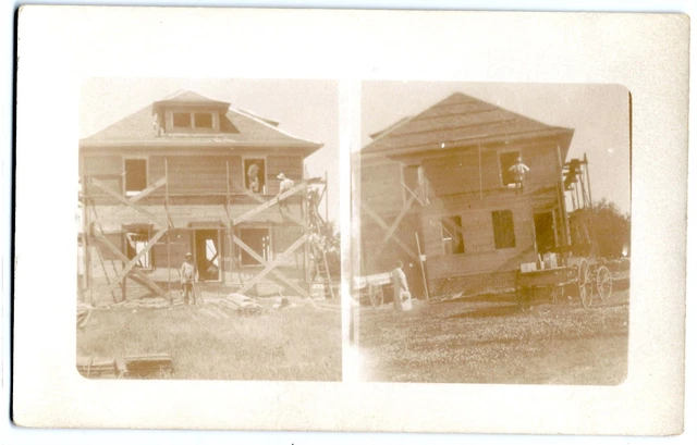 CONSTRUCTION WORKERS BUILD two-story house, c. 1910 real photo postcard ...