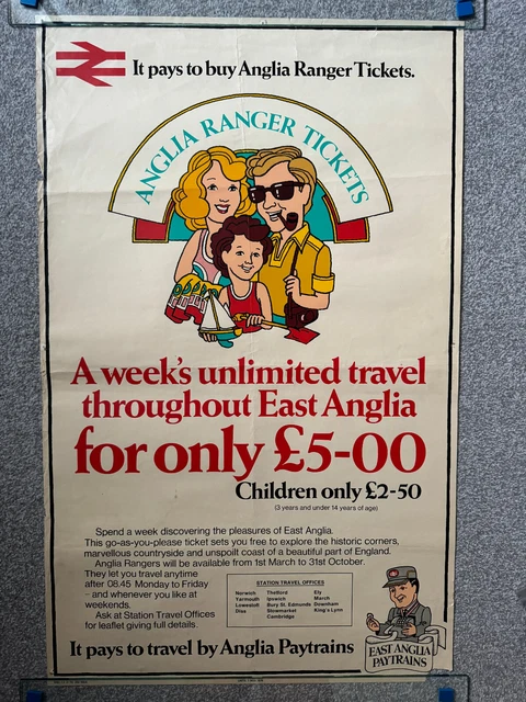 ORIGINAL BRITISH RAIL 1976 railway poster - PayTrain/East Anglia Ranger ...