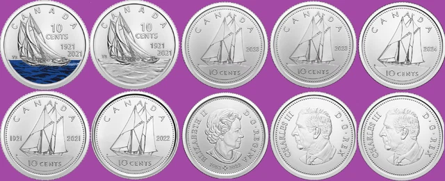 SET OF 2021 - 2024 Canada Bluenose 7 Ten Cents Coins. Mint Dime UNC 10 ...