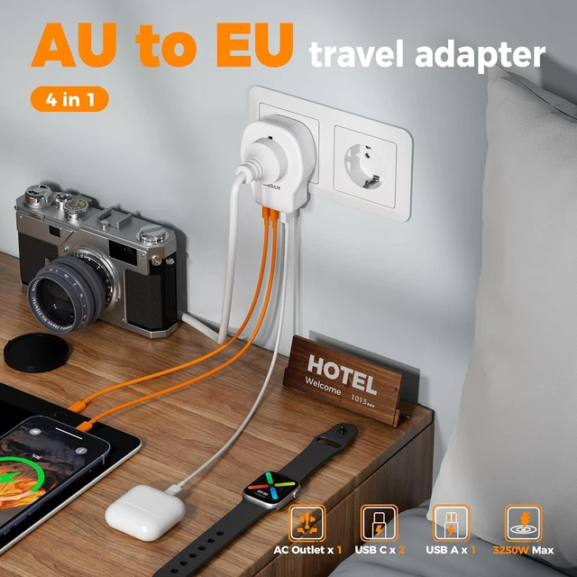 EUROPE TRAVEL ADAPTOR, AU to EU Travel Adapter with 3 USB Ports (2 USB ...