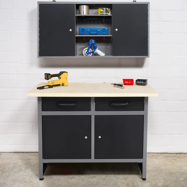 WORKBENCH STEEL GARAGE Tool Box Wall Cabinet Storage Drawers Shelf DIY ...