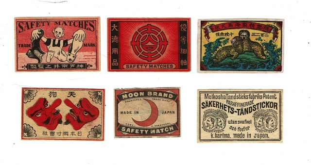 6 OLD JAPAN c.early 1900s matchbox labels depicting Moon Brand ...