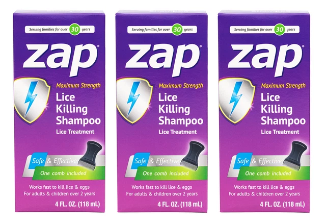 ZAP® LICE KILLING Shampoo, Ages 2 & Up 4 OZ - Made in USA (3 BOTTLES ...