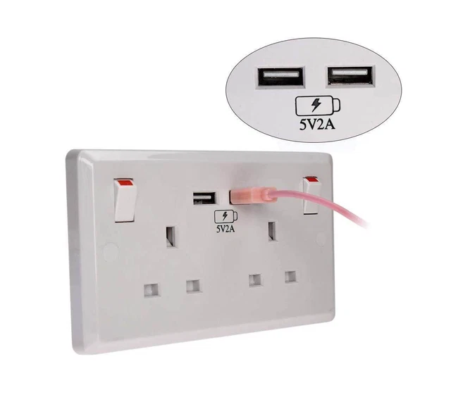 WALL PLUG SOCKET 2 Gang 13A with 2 USB Charger Port Outlets Plate White EUR 15,67 - PicClick DE