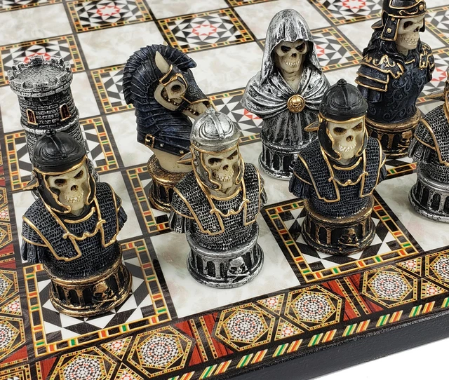 MEDIEVAL TIMES GOTHIC SKELETON Busts CHESS SET W 17" Mosaic DESIGN ...