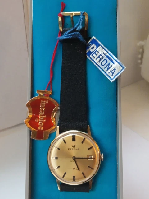 VINTAGE SWISS MENS Gold Plated Perona Date Watch 17 Jewel 60-70"s New ...