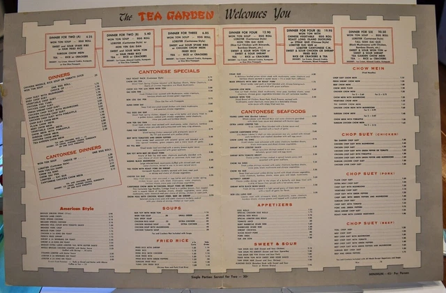 1950S TEA GARDEN Chinese Cantonese Restaurant Menu Pittsburgh ...