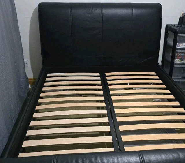 GENUINE REAL LEATHER Double Sleigh Bed Black Excellent Condition ...