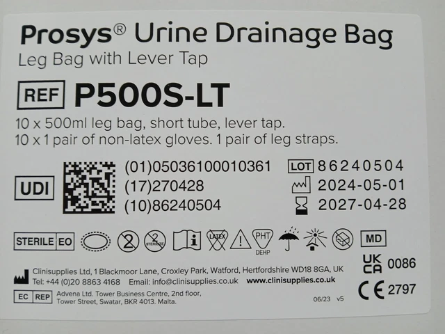 PROSYS URINE DRAINAGE 500ml Leg Bag X10 Short Tube Lever Tap P500S-LT £15.28 - PicClick UK