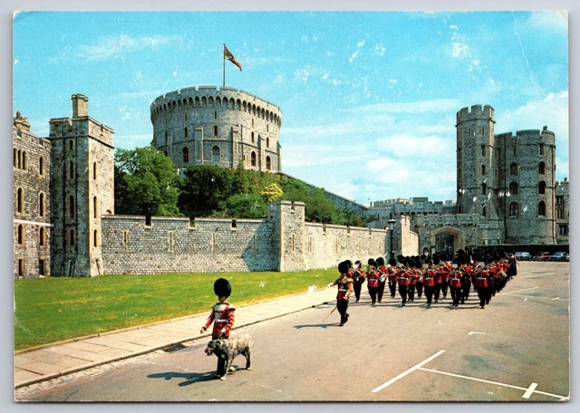 POSTCARD WINDSOR CASTLE Berkshire Band Irish Guards Dog Mascot Marching ...