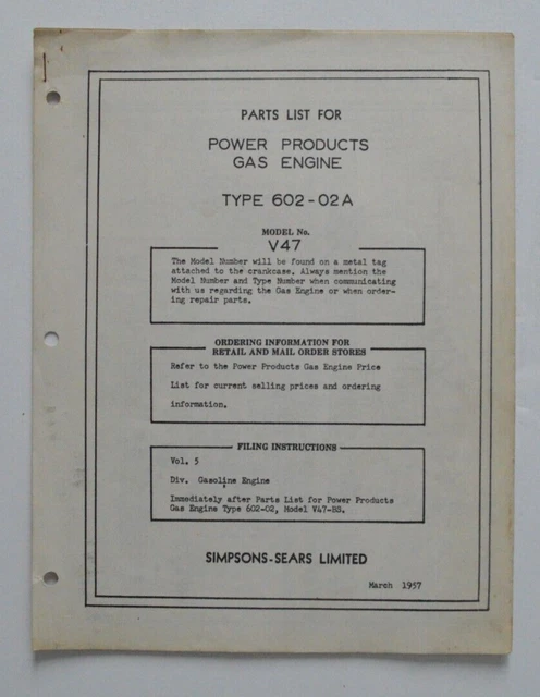 SIMPSONS-SEARS PARTS LIST for Power products gas engine type 602-02A ...