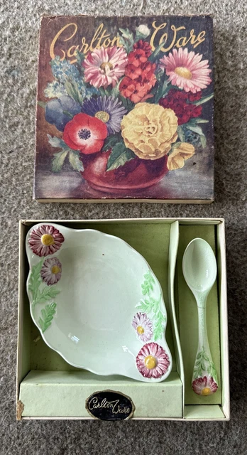RARE CARLTON WARE Green 'Pyrethrum' Butter Dish and Knife in Original ...