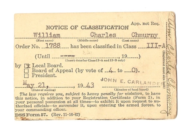 WWII NOTICE CLASSIFICATION III-A Hardship Deferment Selective Service ...