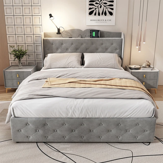 FABRIC UPHOLSTERED STORAGE Bed Frame 4 Drawers Headboard Double Single ...